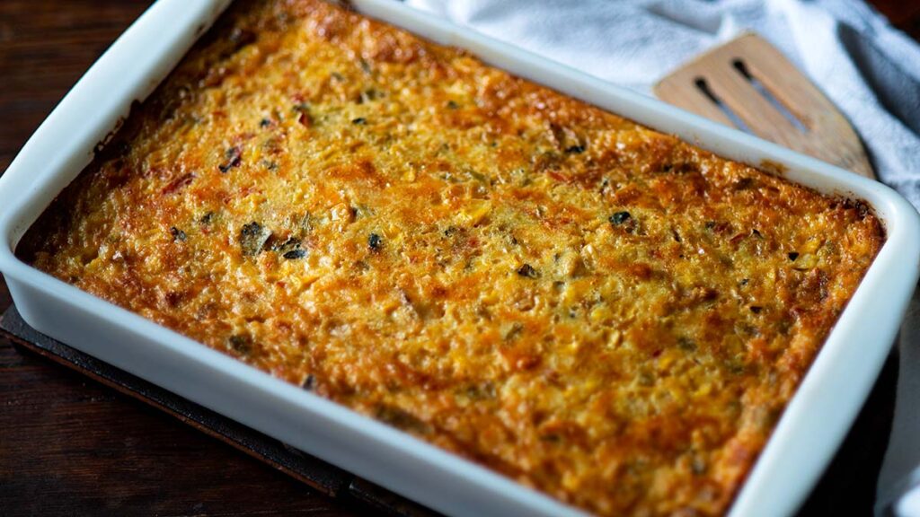 Hatch Chile Cheddar Corn Pudding - Chicken Fried Kitchen
