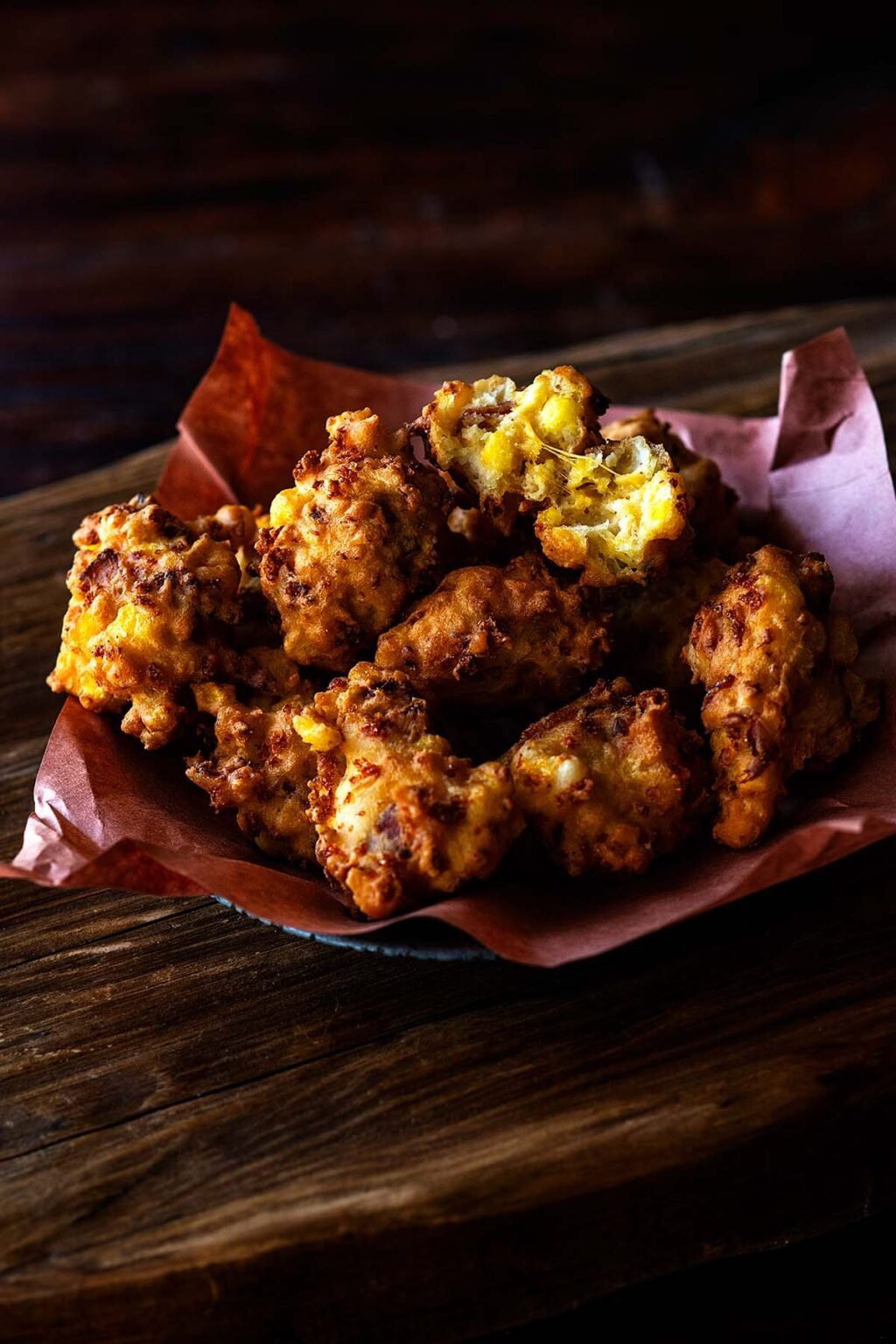 Hominy Fritters with Hatch Chile Bacon and Cheddar Cheese - Chicken ...